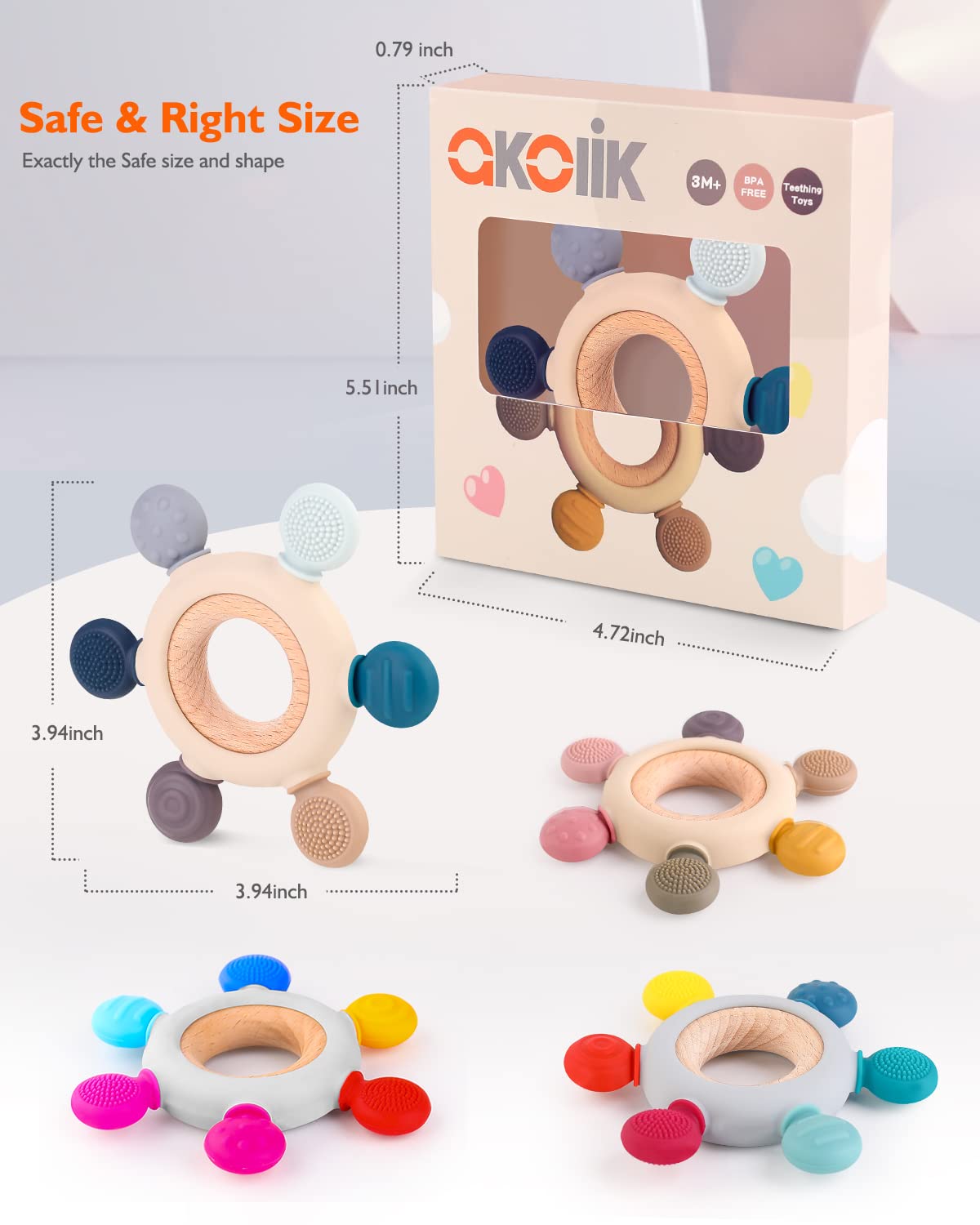 akolik Baby Teething Toys for Babies 0-6 6-12 Months Rudder Teether BPA Free with Wooden Ring Silicone Chewable Teether Help with Teething Pain Relief (Helm A)