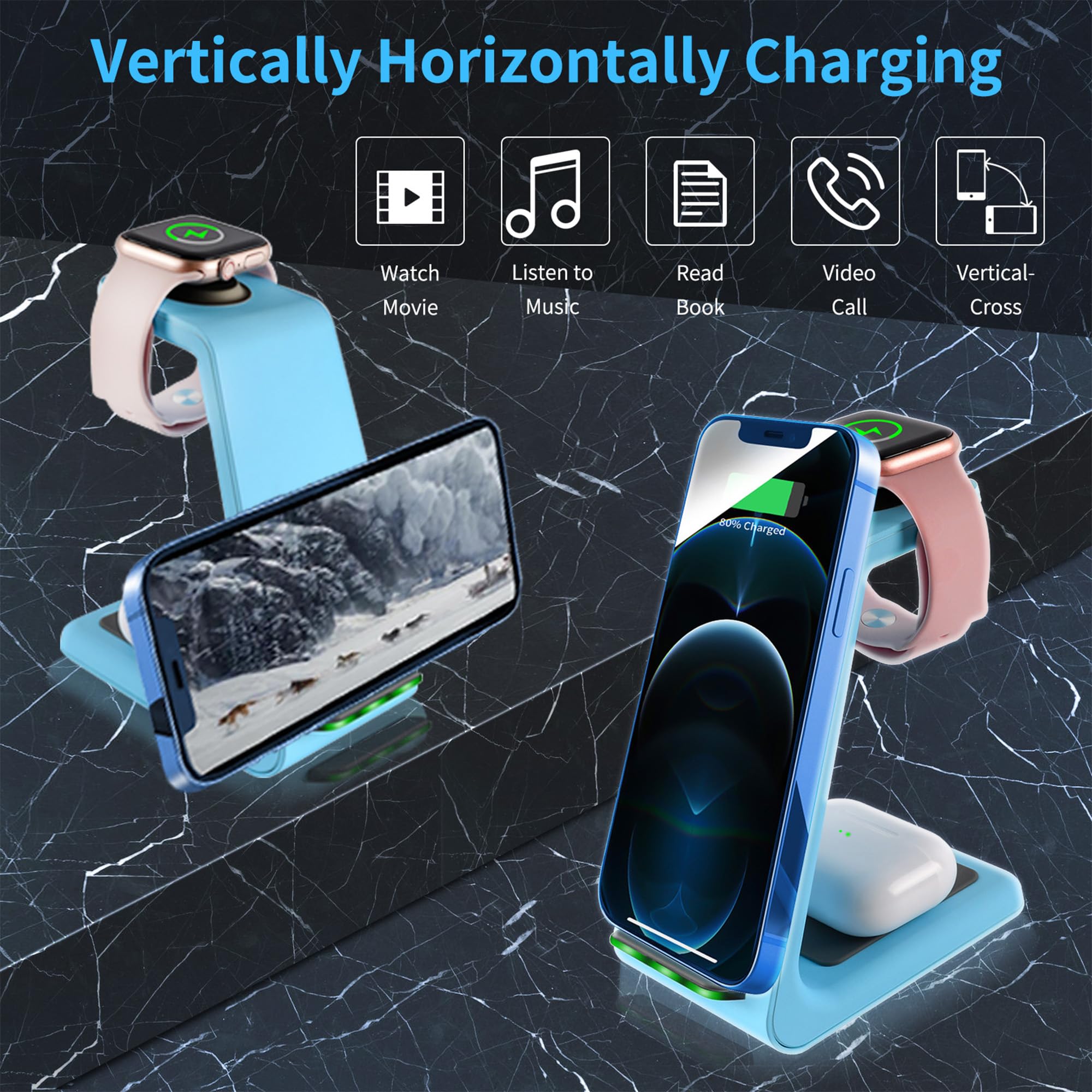Wireless Charging Station, 3 in 1 Fast Wireless Charger Stand Dock Compatible with iPhone 15/15 Plus/15 Pro Max/14/13/13 Pro/13 Pro Max/12/12 Pro/11/XR/XS Max, iWatch Series SE/6/5/4/3/2,AirPods 2/Pro