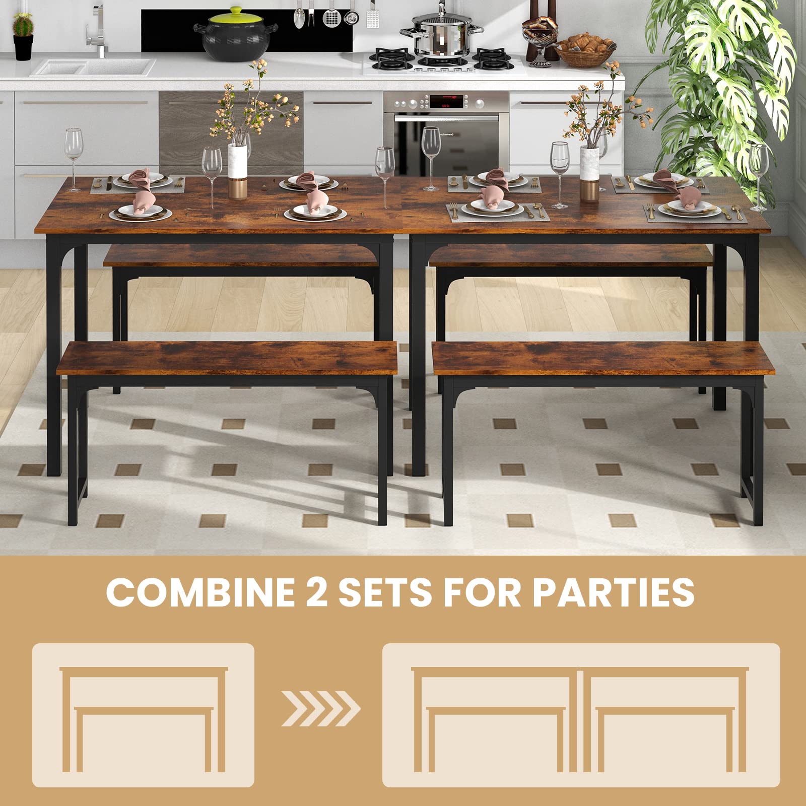 IFANNY Dining Table Set with 2 Benches, Industrial Kitchen Table & Chairs with Metal Frame, Space-Saving Breakfast Nook Table Set, 3 Piece Dinette Set for Farmhouse, Bar, Restaurant (Brown)