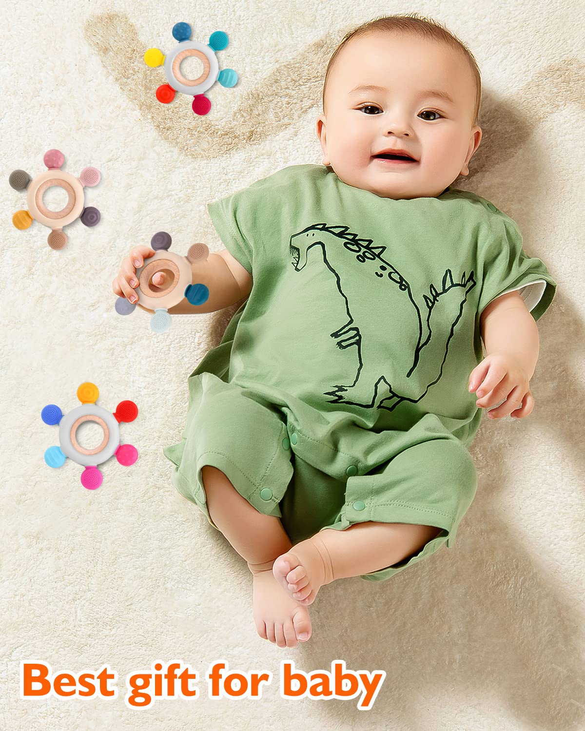 akolik Baby Teething Toys for Babies 0-6 6-12 Months Rudder Teether BPA Free with Wooden Ring Silicone Chewable Teether Help with Teething Pain Relief (Helm A)
