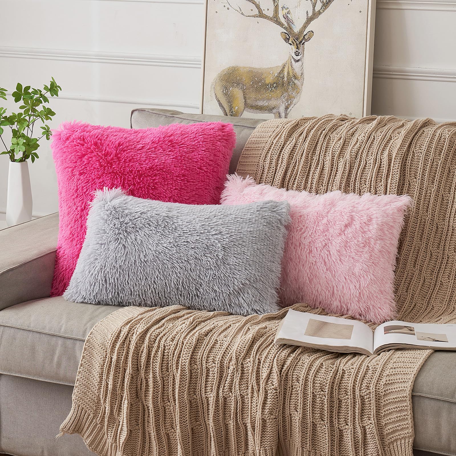 ANRODUO Pack of 2 Hot Pink Throw Pillow Covers Luxury Fluffy Pillows Faux Fur Decorative Pillows Plush Cushion Case Fuzzy Mongolian Merin Style for Bed Couch Sofa Living Room Spring Decor 18x18 Inch