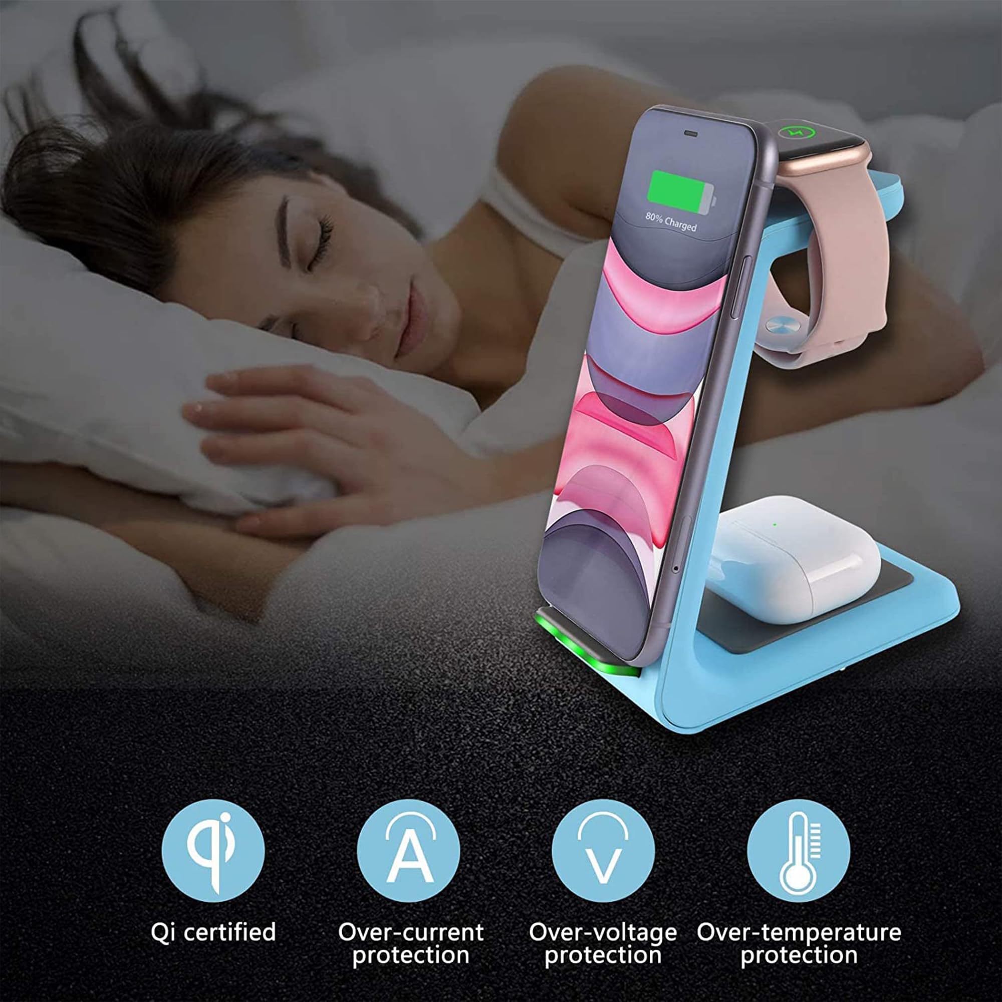 Wireless Charging Station, 3 in 1 Fast Wireless Charger Stand Dock Compatible with iPhone 15/15 Plus/15 Pro Max/14/13/13 Pro/13 Pro Max/12/12 Pro/11/XR/XS Max, iWatch Series SE/6/5/4/3/2,AirPods 2/Pro