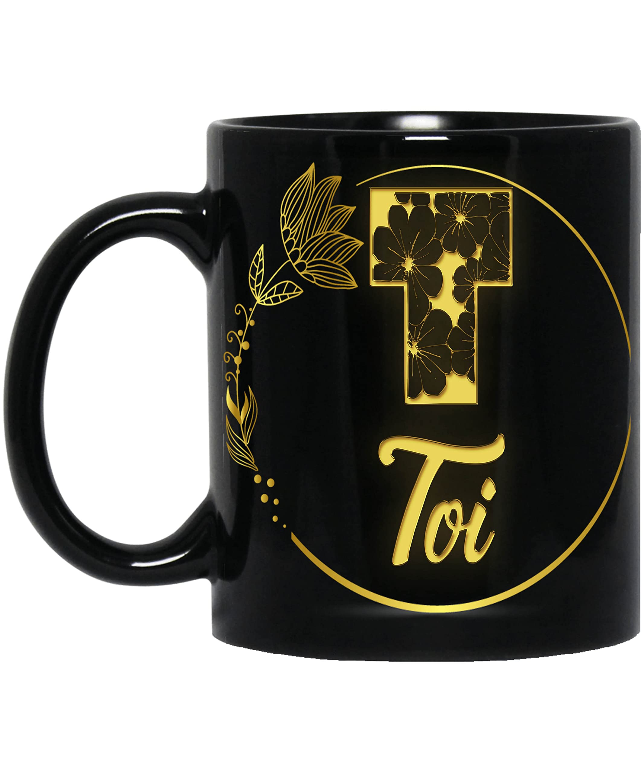 Coffee Mug Personalized Toi Name & Initial Letter Monogram Floral Alphabet Mug Golden Flowers Custom Black Coffee Cup, Gift for Her Mom Coworker Sister, Wife, Girl 11oz Black Mug 254335