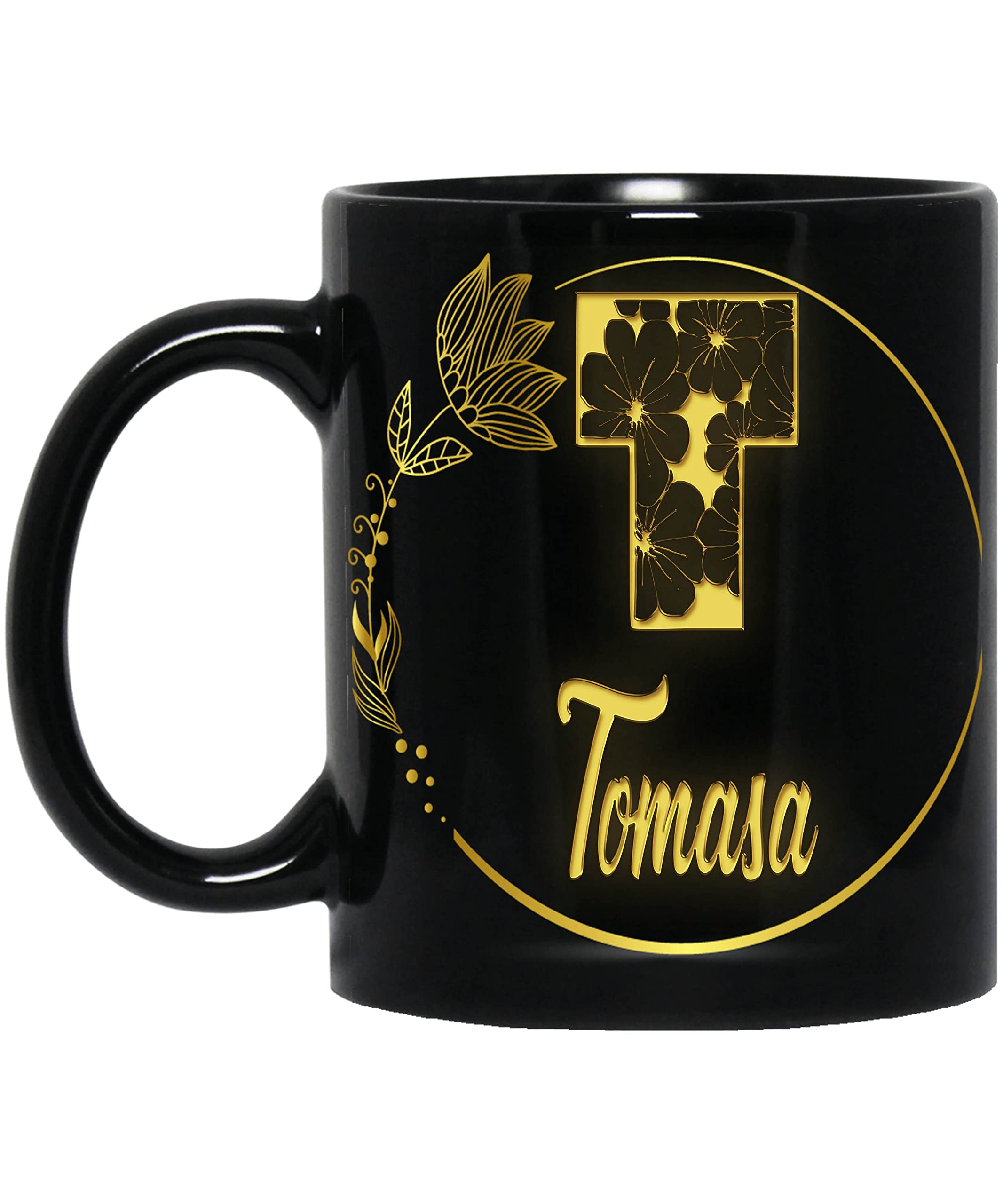 Coffee Mug Personalized Tomasa Name & Initial Letter Monogram Floral Alphabet Mug Golden Flowers Custom Black Coffee Cup, Gift for Her Mom Coworker Sister, Wife, Girl 11oz Black Mug 964179