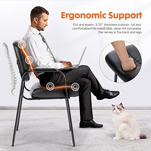 Sweetcrispy Waiting Room Chairs with Padded Arms, PU Leather Stationary Office Guest Chair for Elderly Home Desk Reception Area Conference Room Side Lobby, Black
