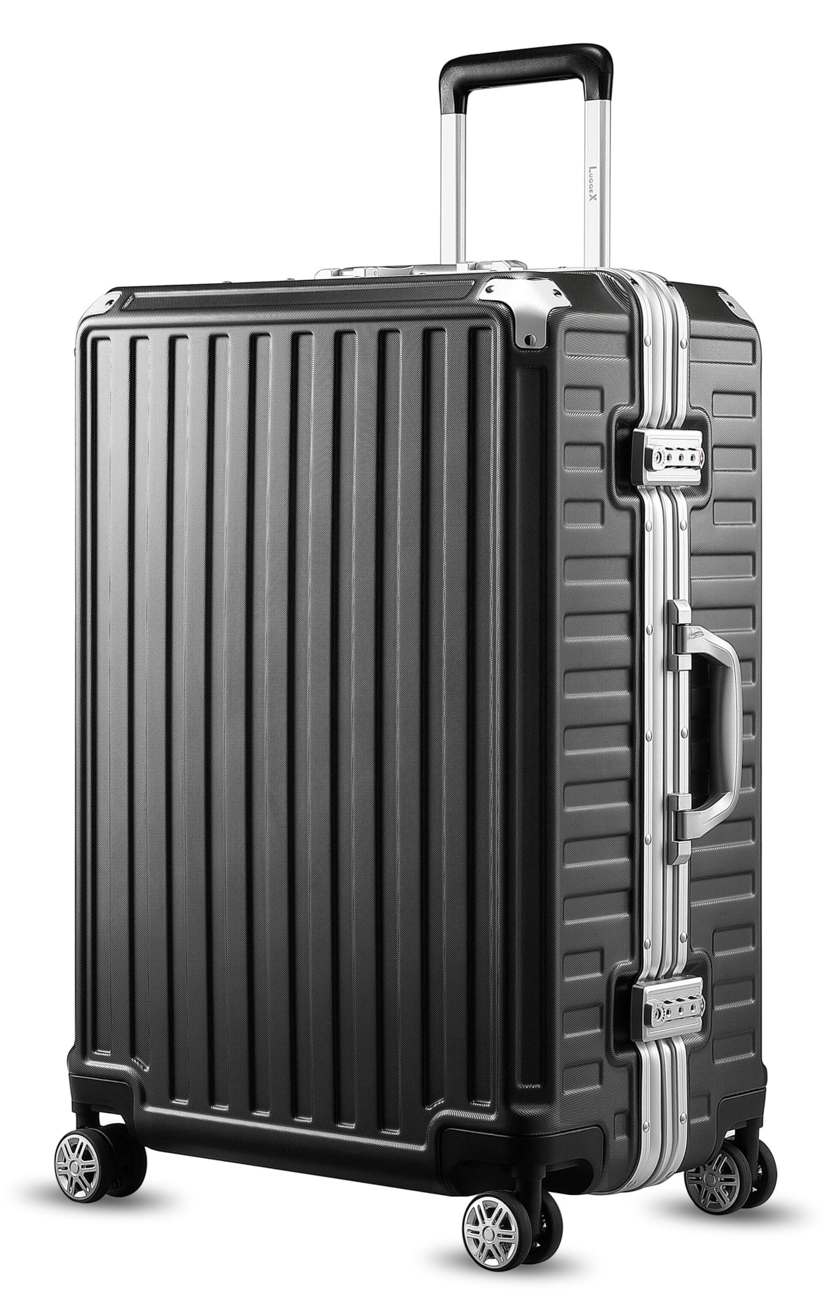 LUGGEX 26 Inch Luggage with Aluminum Frame, 72L Polycarbonate Zipperless Checked Luggage, Black Hard Shell Suitcase 4 Metal Corner