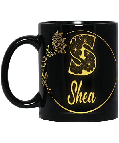 Coffee Mug Personalized Shea Name & Initial Letter Monogram Floral Alphabet Mug Golden Flowers Custom Black Coffee Cup, Gift for Her Mom Coworker Sister, Wife, Girl 11oz Black Mug 323820