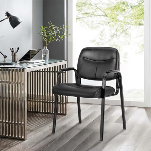 Sweetcrispy Waiting Room Chairs with Padded Arms, PU Leather Stationary Office Guest Chair for Elderly Home Desk Reception Area Conference Room Side Lobby, Black
