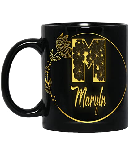 Coffee Mug Personalized Maryln Name & Initial Letter Monogram Floral Alphabet Mug Golden Flowers Custom Black Coffee Cup, Gift for Her Mom Coworker Sister, Wife, Girl 11oz Black Mug 421068