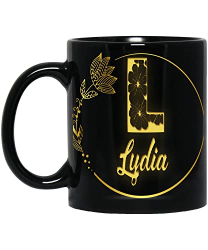 Coffee Mug Personalized Lydia Name & Initial Letter Monogram Floral Alphabet Mug Golden Flowers Custom Black Coffee Cup, Gift for Her Mom Coworker Sister, Wife, Girl 11oz Black Mug 514021