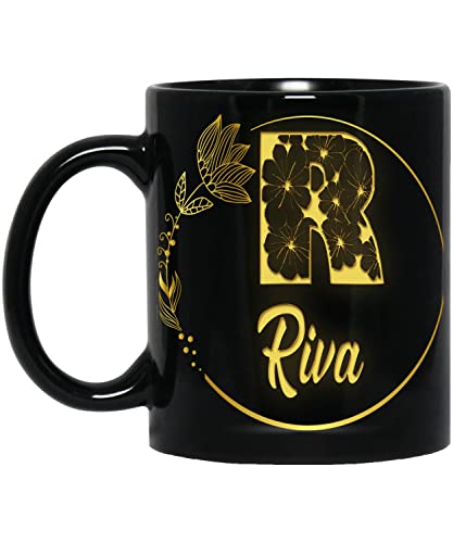 Coffee Mug Personalized Riva Name & Initial Letter Monogram Floral Alphabet Mug Golden Flowers Custom Black Coffee Cup, Gift for Her Mom Coworker Sister, Wife, Girl 11oz Black Mug 671809