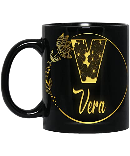 Coffee Mug Personalized Vera Name & Initial Letter Monogram Floral Alphabet Mug Golden Flowers Custom Black Coffee Cup, Gift for Her Mom Coworker Sister, Wife, Girl 11oz Black Mug 346631