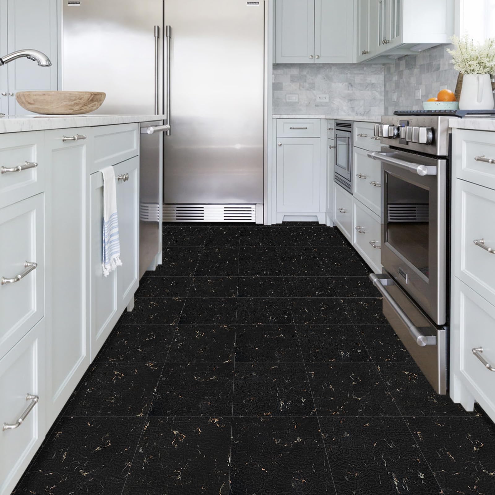 Peel and Stick Floor Tile Waterproof for Bathroom, Peel and Stick Flooring Black Marble Look, Self-Adhesive and Durable Vinyl Flooring, Transform for Kitchen Living Room and Laundry Room,1.5MM(10 PCS)