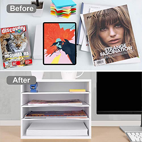 eMerit Wood Desktop Organizer Paper Storage Letter Tray File Sorter with Adjustable Shelves for Home Office,White