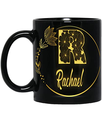 Coffee Mug Personalized Rachael Name & Initial Letter Monogram Floral Alphabet Mug Golden Flowers Custom Black Coffee Cup, Gift for Her Mom Coworker Sister, Wife, Girl 11oz Black Mug 534829
