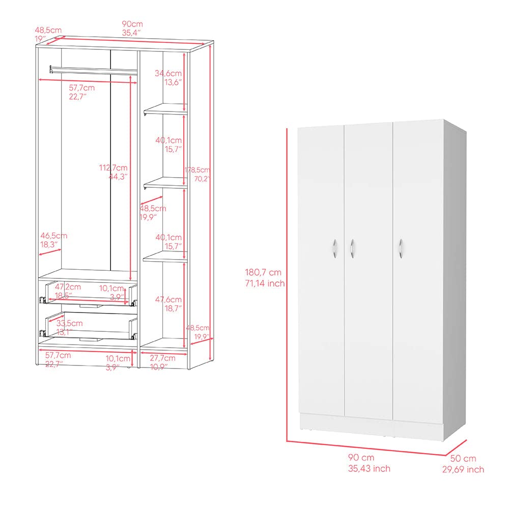 Wardrobe Erie with Four Storage Shelves, Two Drawers and Three Doors -White.