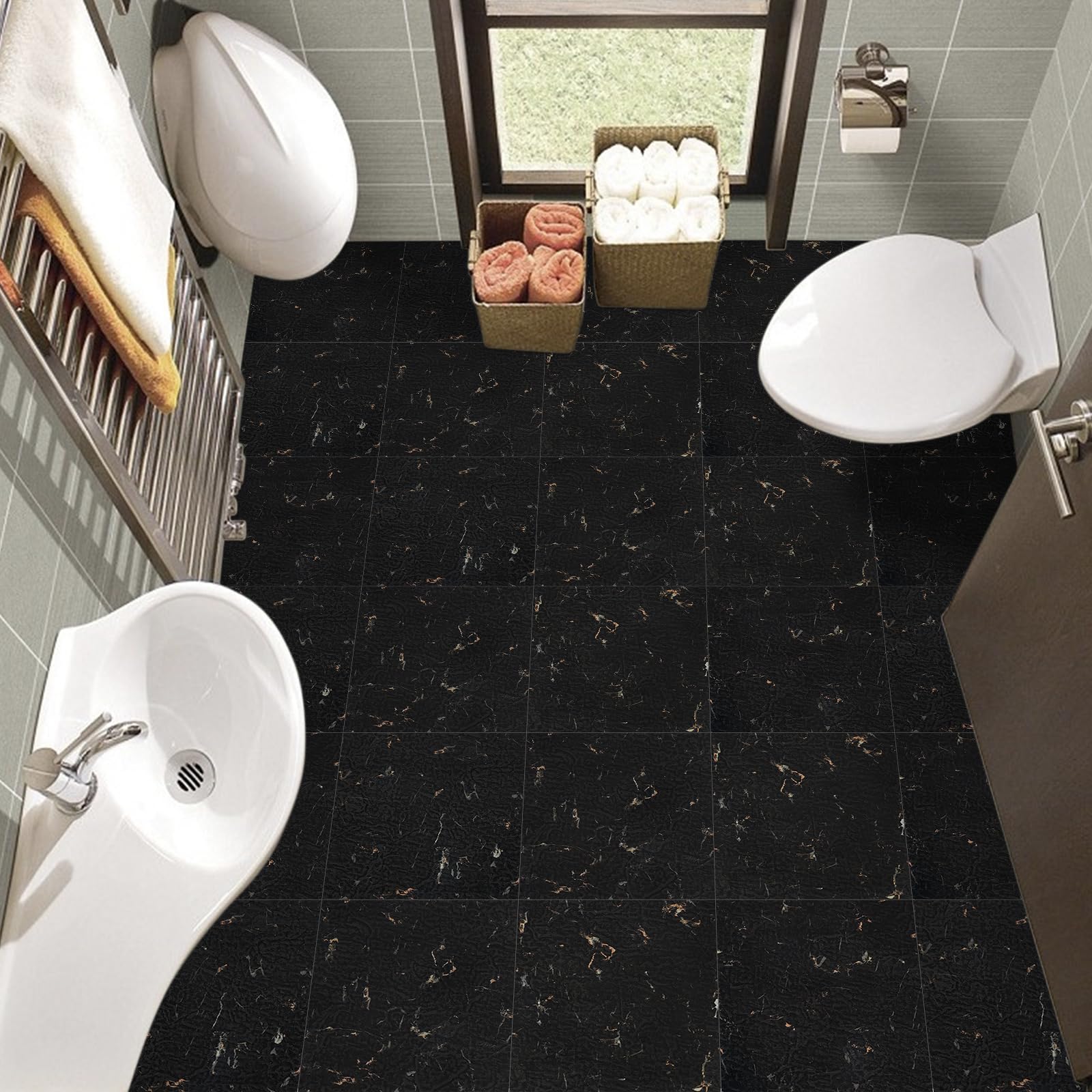 Peel and Stick Floor Tile Waterproof for Bathroom, Peel and Stick Flooring Black Marble Look, Self-Adhesive and Durable Vinyl Flooring, Transform for Kitchen Living Room and Laundry Room,1.5MM(10 PCS)
