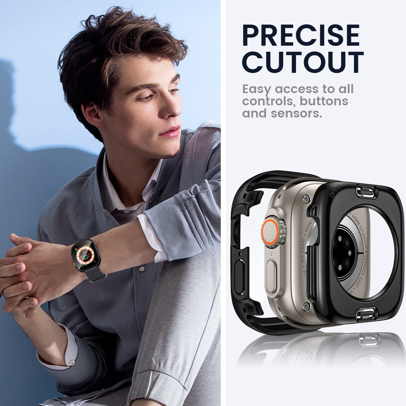 Tensea (2 in 1) for Waterproof Apple Watch Ultra 2/Ultra Screen Protector Case 49mm Accessories, iWatch Protective PC Face Cover Built-in Tempered Glass Film, Front and Back Bumper (49 mm)