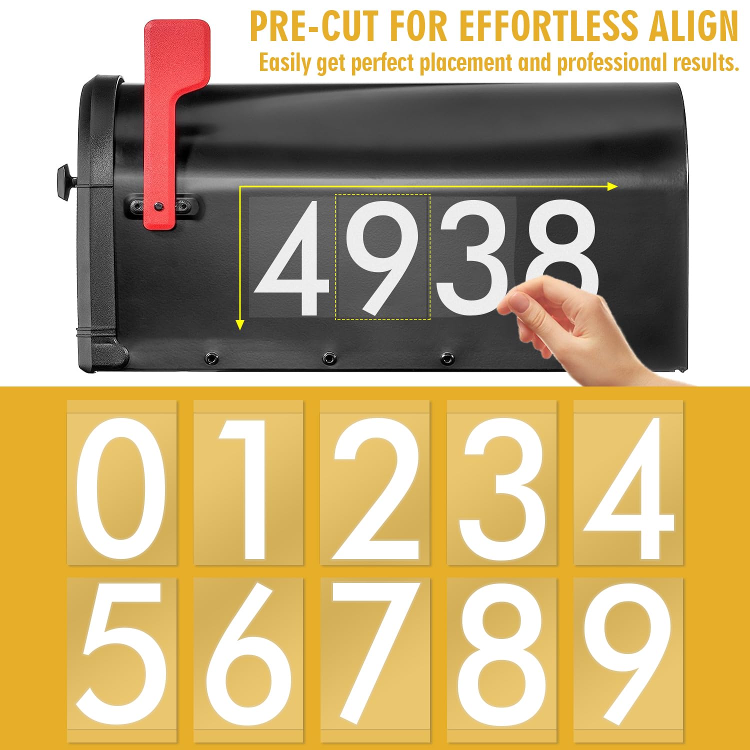 2 inch Reflective Mailbox Numbers for Outside Sticker, Modern Mailbox Number (0-9, 4 Sets) Premium Decal Die Cut and Pre-Spaced - for House, Trash Cans - Self Adhesive Numbers