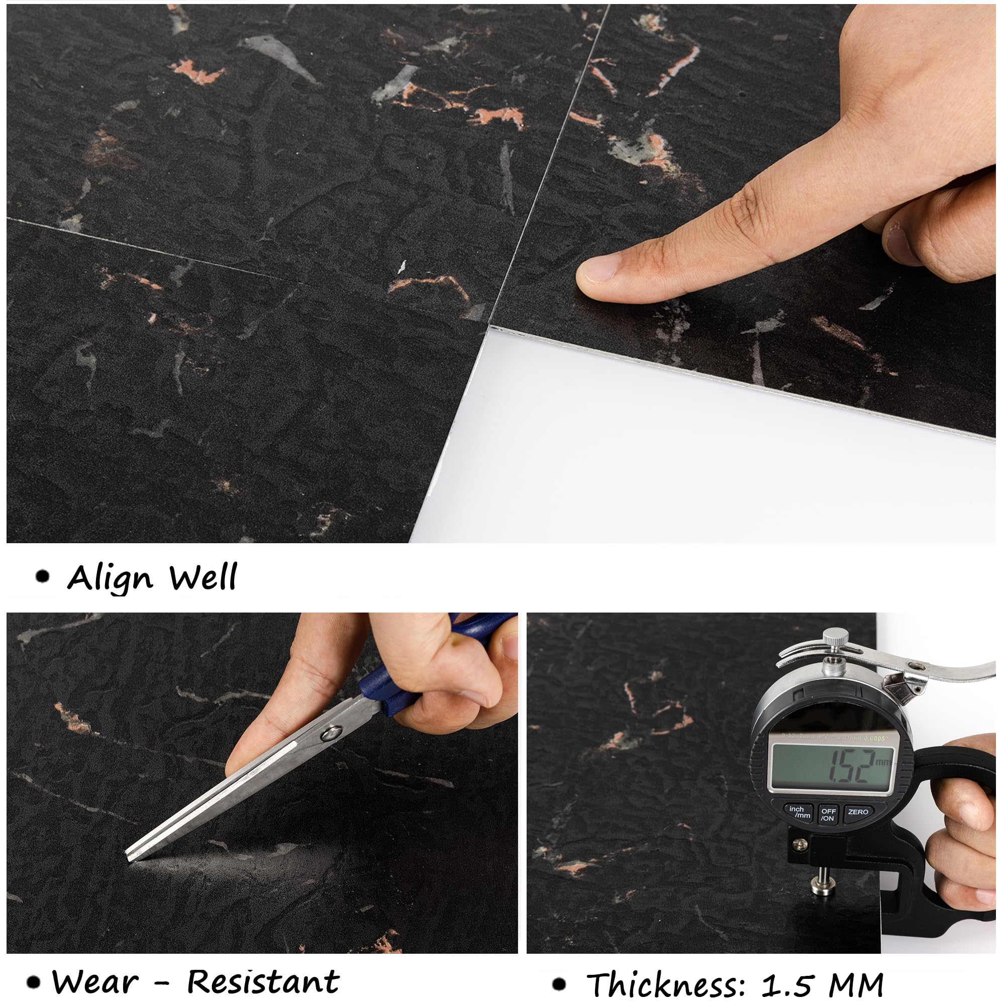 Peel and Stick Floor Tile Waterproof for Bathroom, Peel and Stick Flooring Black Marble Look, Self-Adhesive and Durable Vinyl Flooring, Transform for Kitchen Living Room and Laundry Room,1.5MM(10 PCS)