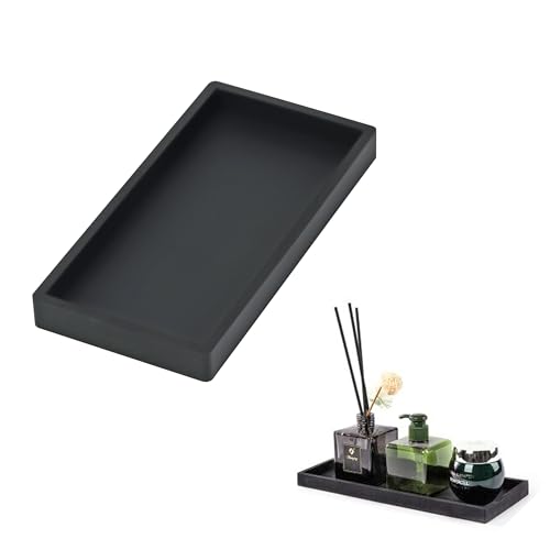 Bustlinrd 7.8'' Silicone Bathroom Vanity Tray Countertop Rectangle Soap and Sponge Holder Shatterproof Flexible Bathroom Tray Lotion Bottles, Perfume, Jewelry, Candle, Key Trinket Ring, Black