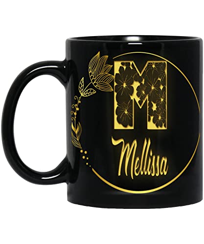 Coffee Mug Personalized Mellissa Name & Initial Letter Monogram Floral Alphabet Mug Golden Flowers Custom Black Coffee Cup, Gift for Her Mom Coworker Sister, Wife, Girl 11oz Black Mug 710386