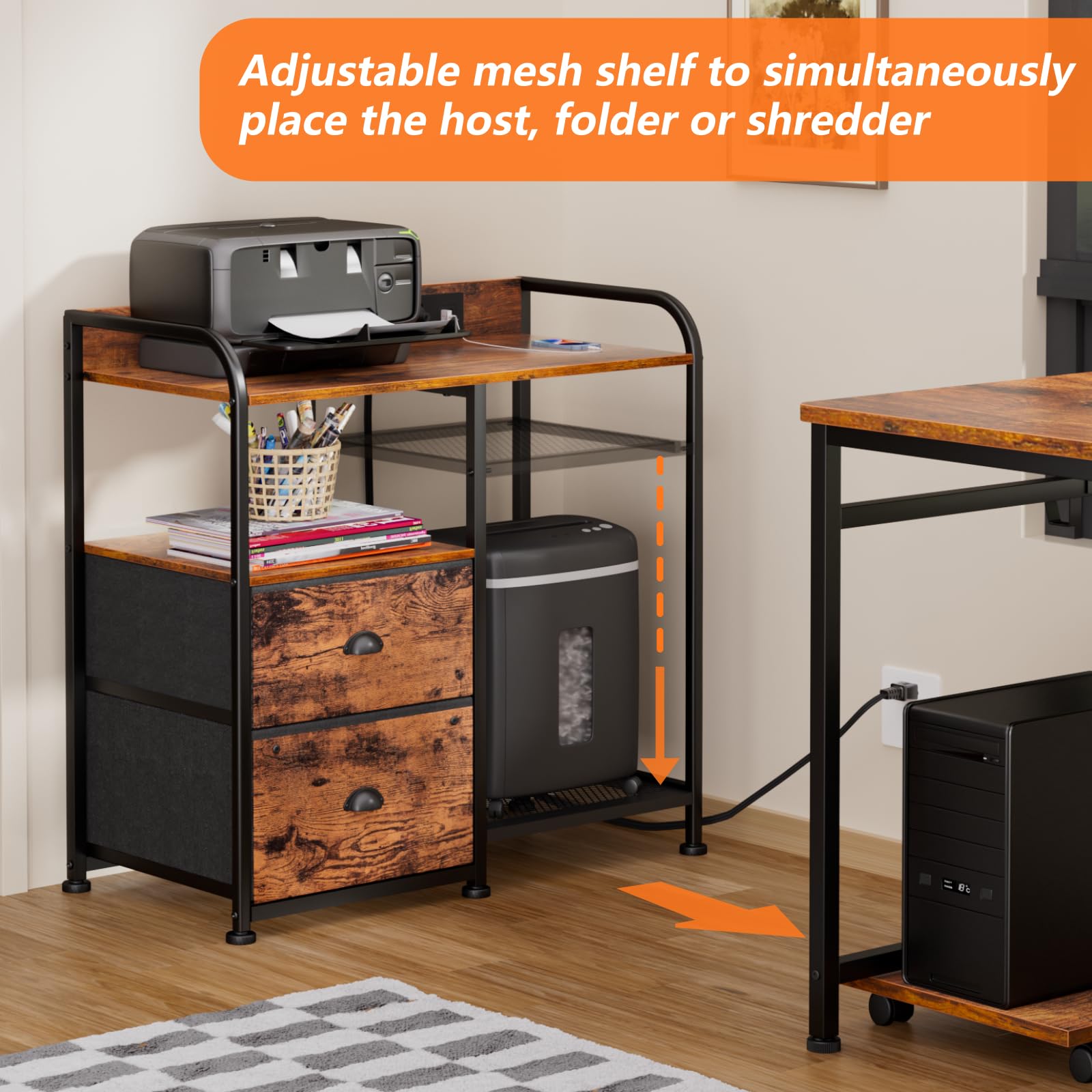 Furologee Printer Stand with Power Outlet, Lateral File Cabinet with 2 Large Drawers, Shredder Shelf Stand with Wheels & 4 Tiers Open Shelves for Office, Home, Living Room, Rustic Brown