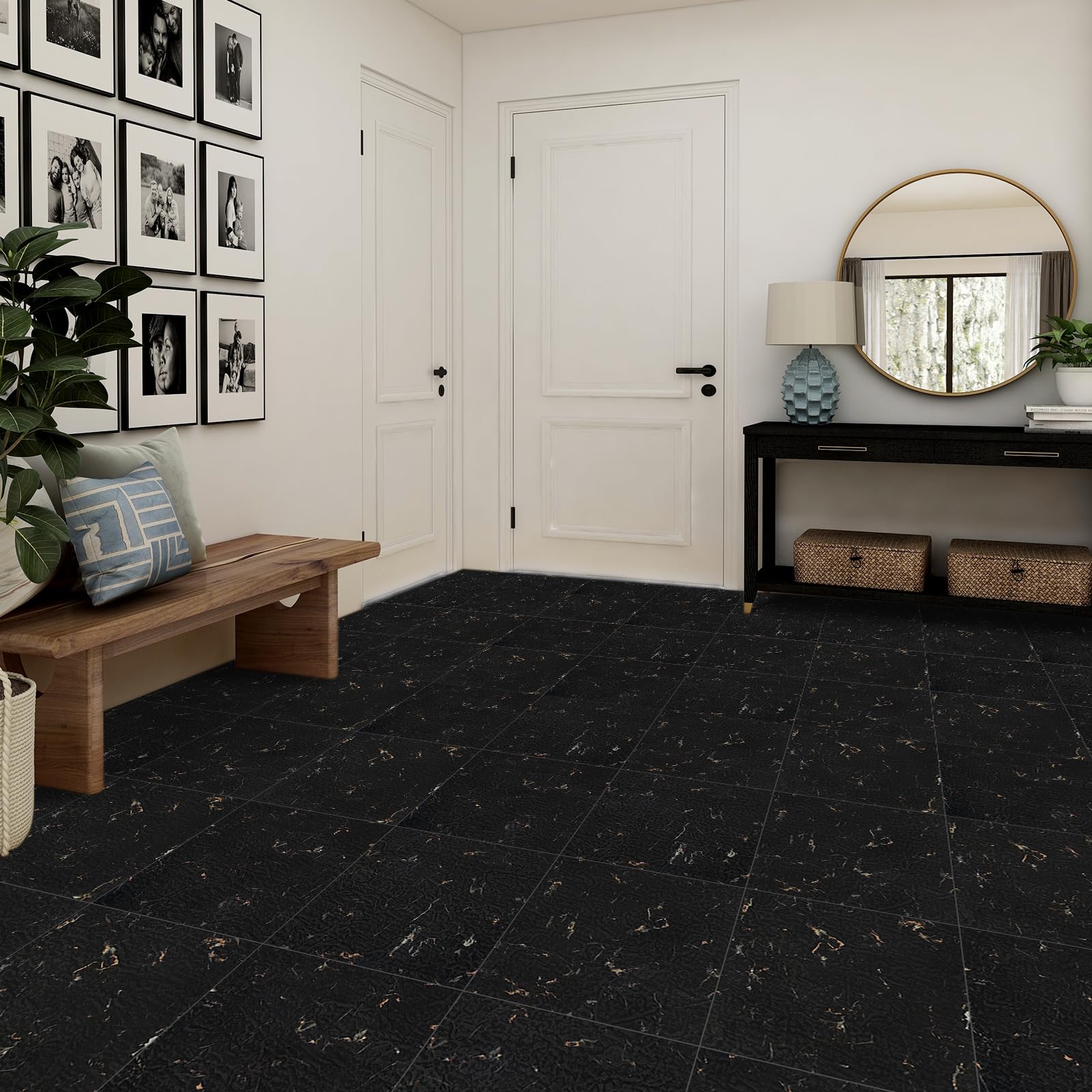 Peel and Stick Floor Tile Waterproof for Bathroom, Peel and Stick Flooring Black Marble Look, Self-Adhesive and Durable Vinyl Flooring, Transform for Kitchen Living Room and Laundry Room,1.5MM(10 PCS)