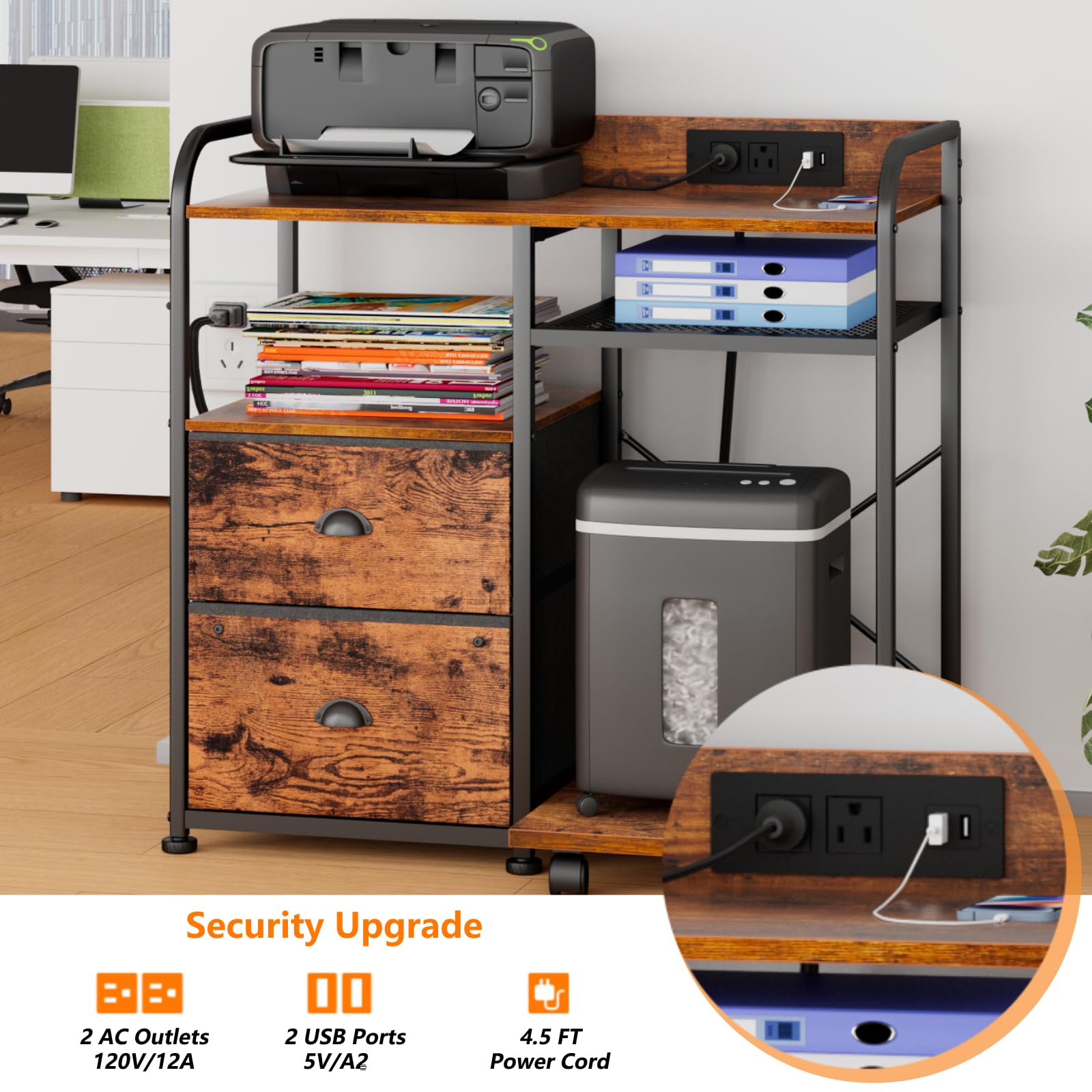 Furologee Printer Stand with Power Outlet, Lateral File Cabinet with 2 Large Drawers, Shredder Shelf Stand with Wheels & 4 Tiers Open Shelves for Office, Home, Living Room, Rustic Brown