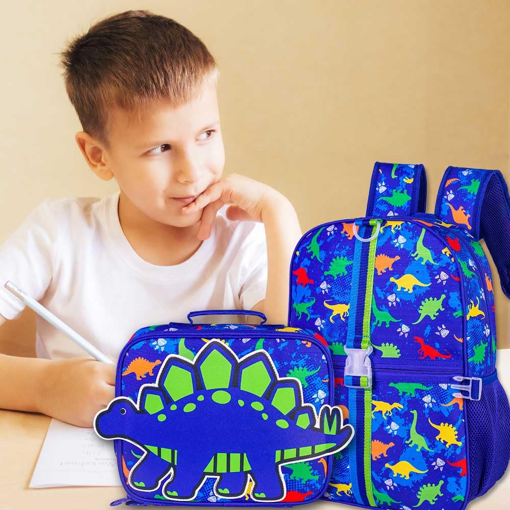 UFNDC 3PCS Dinosaur Backpack for Boys, 16”Kids Bookbag with Lunch Box, School Bag for Elementary Toddler