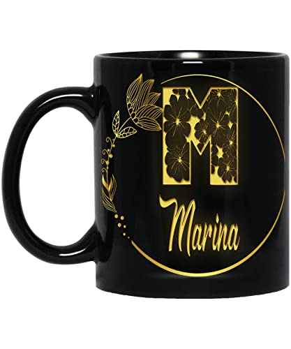 Coffee Mug Personalized Marina Name & Initial Letter Monogram Floral Alphabet Mug Golden Flowers Custom Black Coffee Cup, Gift for Her Mom Coworker Sister, Wife, Girl 11oz Black Mug 741000