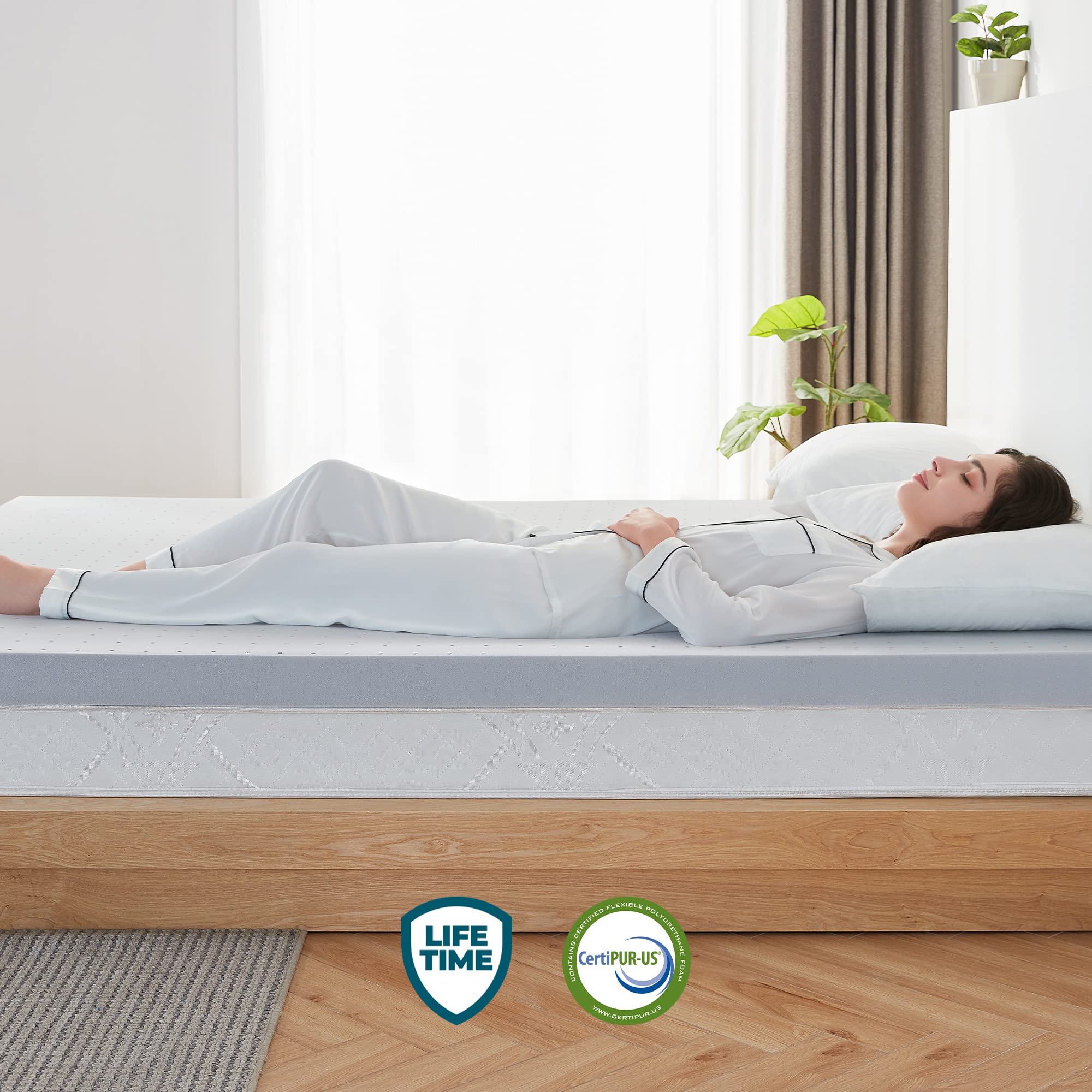 LINSY LIVING Mattress Topper Queen, 3-inch Bamboo Charcoal Infused Memory Foam Mattress Pad, Queen Size Bed Topper with Ventilated Design, CertiPUR-US Certified