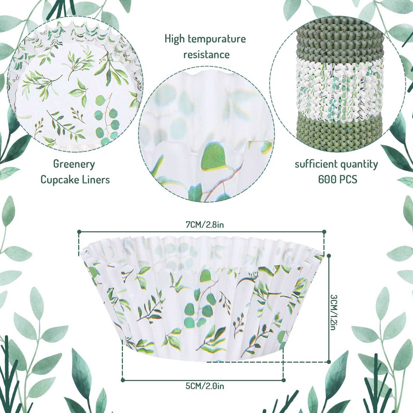 Whaline 600Pcs Greenery Cupcake Liners Eucalyptus Olive Leaf Baking Cups Sage Green Wedding Cupcake Wrappers for Baby Shower Wedding Bridal Showers Birthday Party Decorations