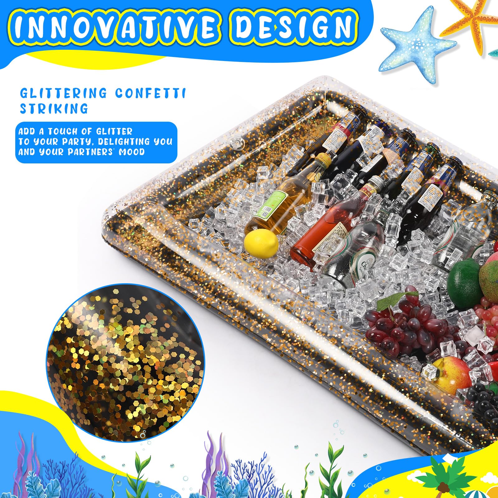 2 Pieces Inflatable Serving Bar Glittering Confetti Food Cooler Buffet with Drain Plug, Inflatable Ice Serving Bar for Food and Drinks for Pool and Outdoor Events(Black)