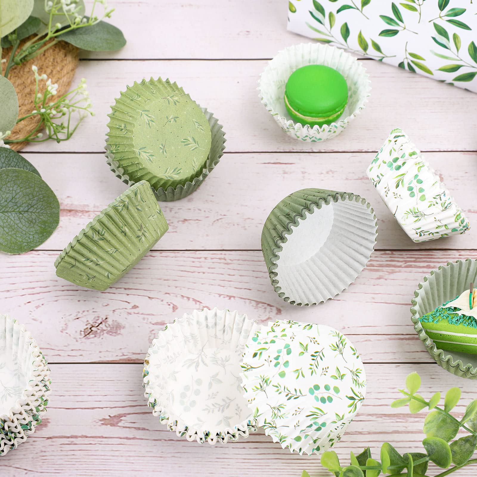 Whaline 600Pcs Greenery Cupcake Liners Eucalyptus Olive Leaf Baking Cups Sage Green Wedding Cupcake Wrappers for Baby Shower Wedding Bridal Showers Birthday Party Decorations