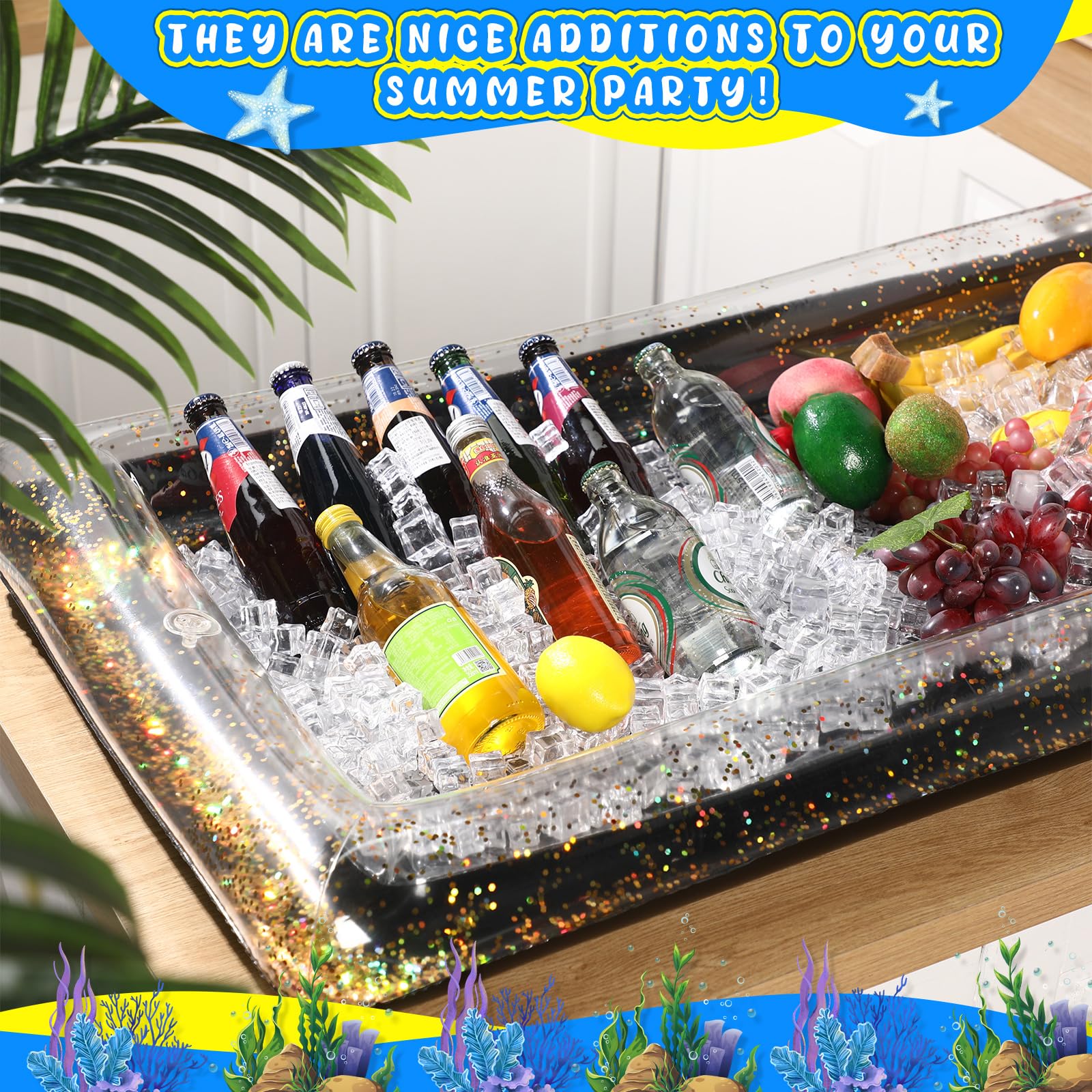 2 Pieces Inflatable Serving Bar Glittering Confetti Food Cooler Buffet with Drain Plug, Inflatable Ice Serving Bar for Food and Drinks for Pool and Outdoor Events(Black)