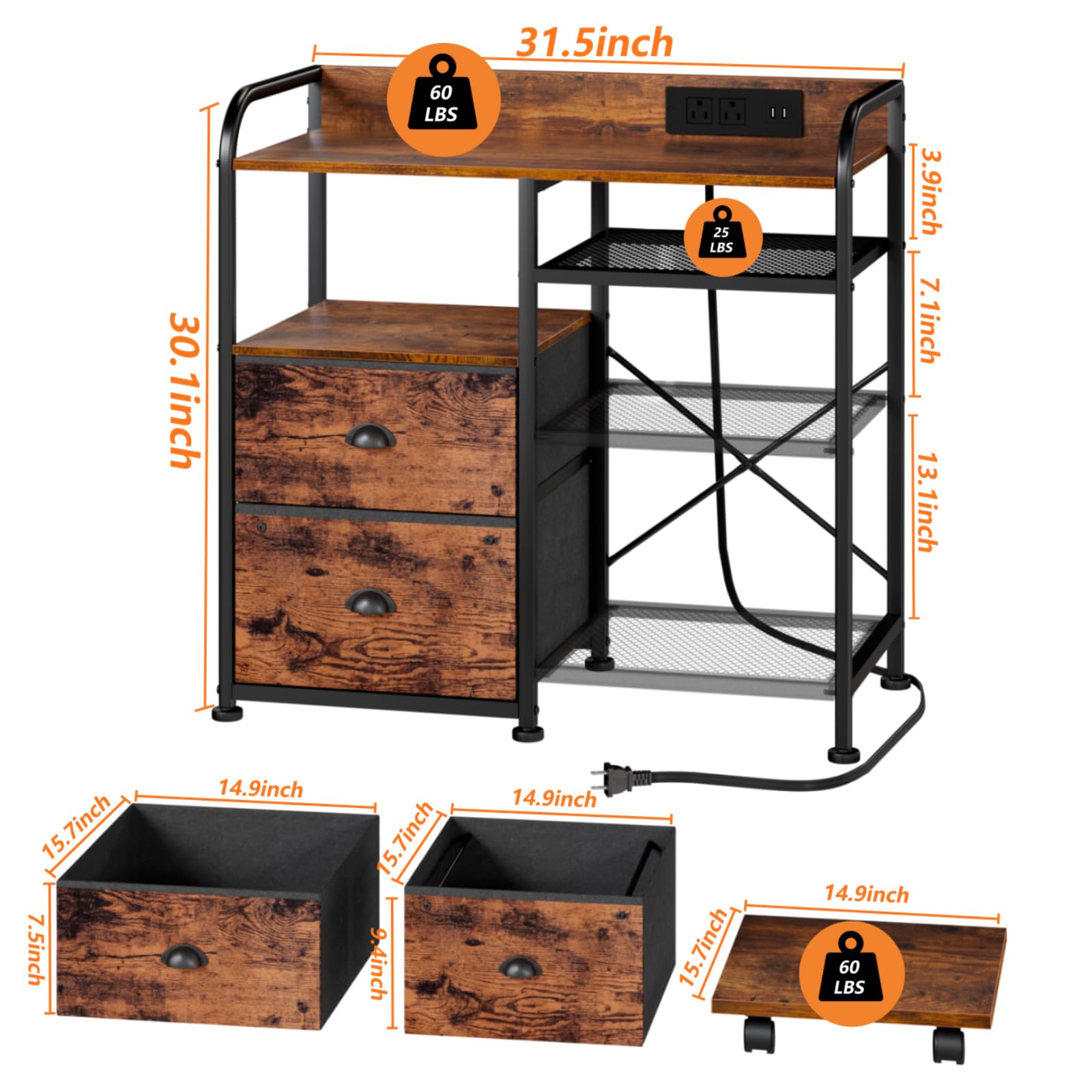 Furologee Printer Stand with Power Outlet, Lateral File Cabinet with 2 Large Drawers, Shredder Shelf Stand with Wheels & 4 Tiers Open Shelves for Office, Home, Living Room, Rustic Brown