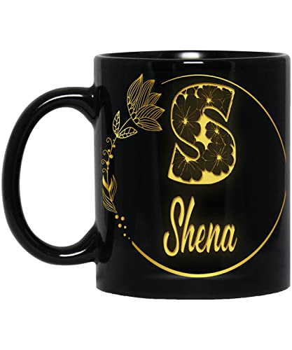 Coffee Mug Personalized Shena Name & Initial Letter Monogram Floral Alphabet Mug Golden Flowers Custom Black Coffee Cup, Gift for Her Mom Coworker Sister, Wife, Girl 11oz Black Mug 766486