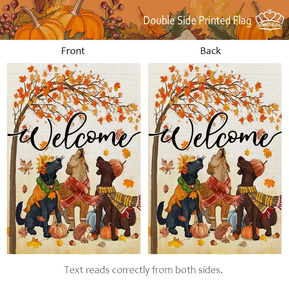 CROWNED BEAUTY Fall Dogs Garden Flag 12x18 Inch Double Sided for Outside Welcome Maple Leaves Small Burlap Seasonal Autumn Yard Decoration