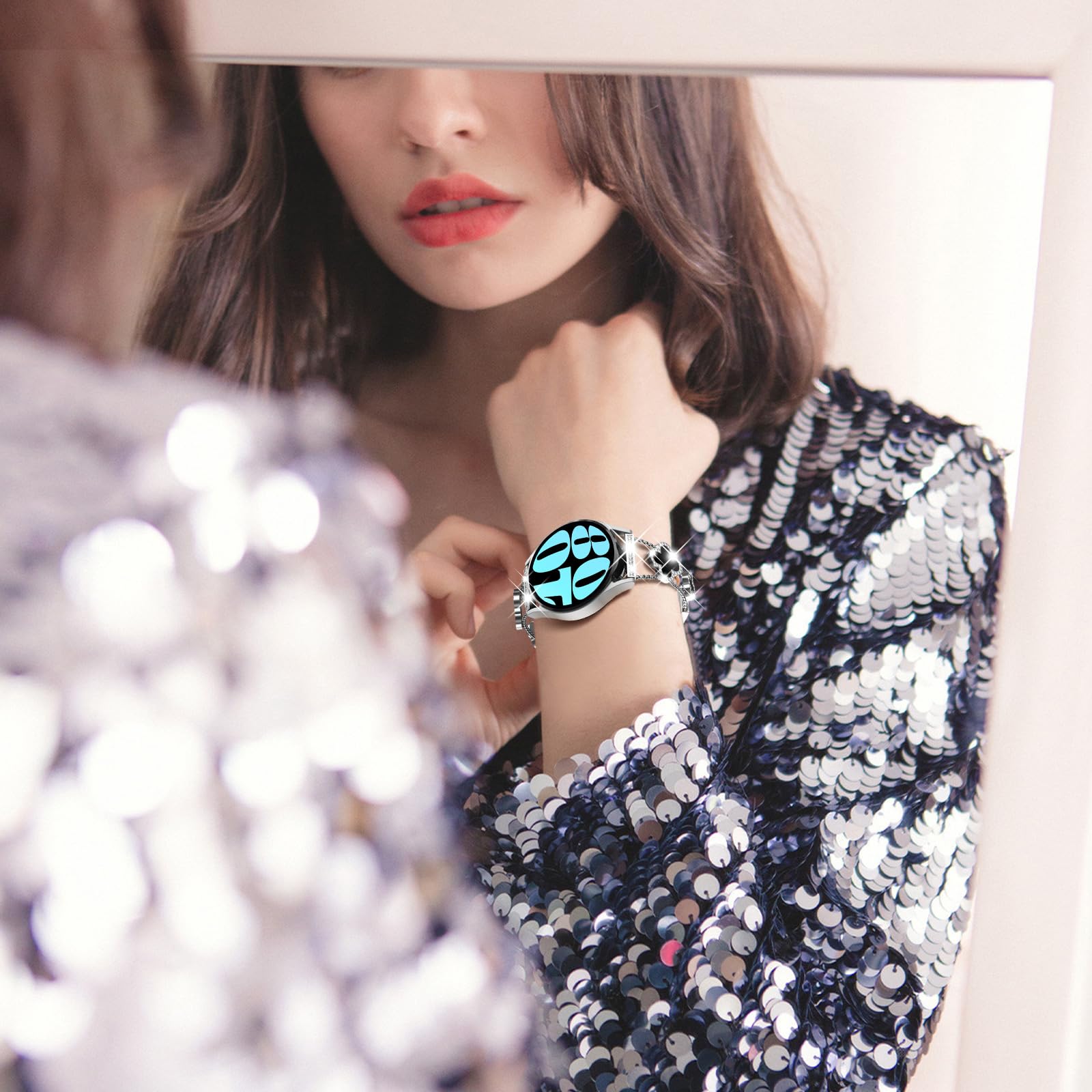 WINGLE for Samsung Galaxy Watch 7 6 5 4 FE Band 40mm 44mm Women Watch 5 Pro Band 45mm Four/4 Leaf Clover 20mm Bling Band for Active 2/Galaxy Watch 6/4 Classic 43mm 47mm 42mm 46mm/Watch 3 41mm, Silver