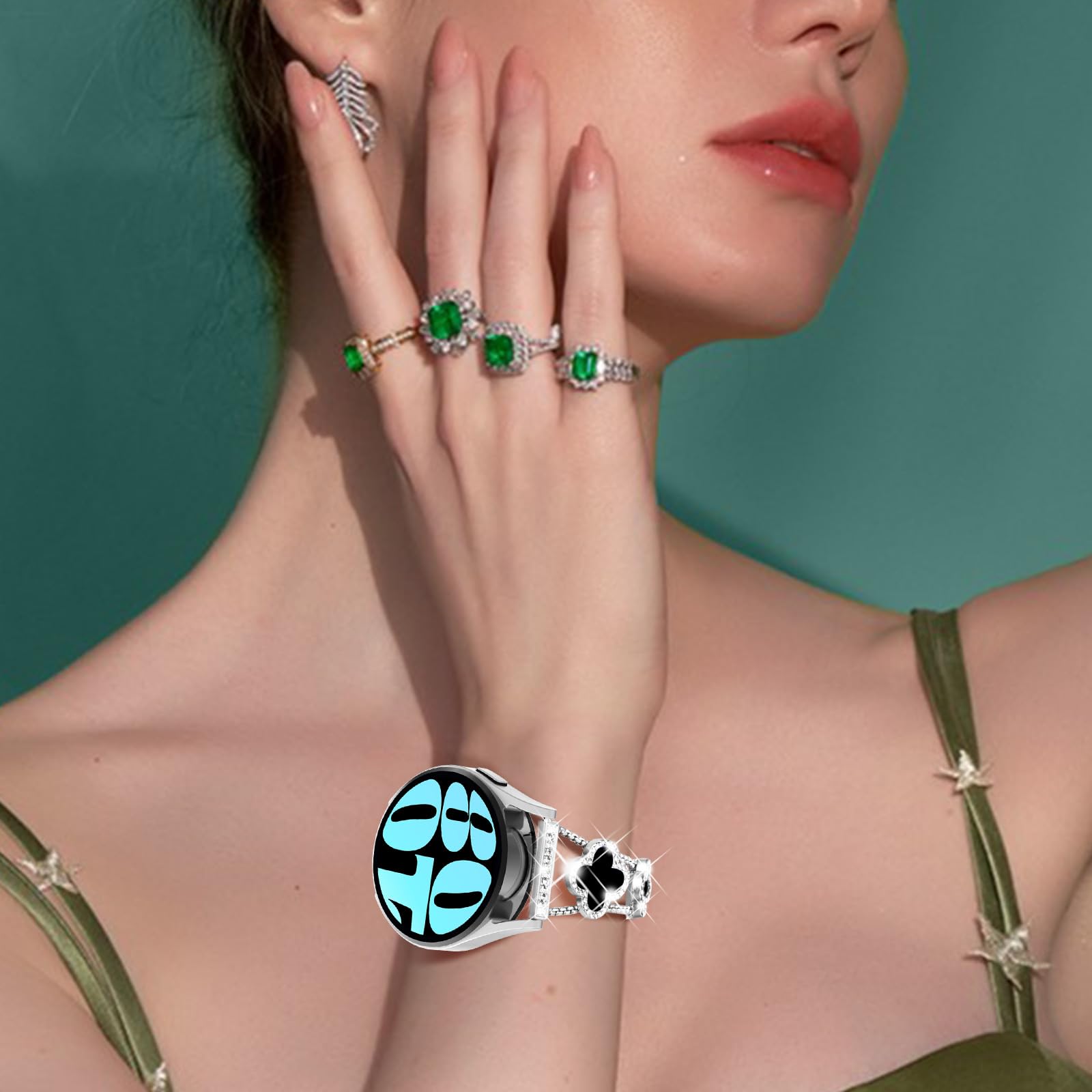 WINGLE for Samsung Galaxy Watch 7 6 5 4 FE Band 40mm 44mm Women Watch 5 Pro Band 45mm Four/4 Leaf Clover 20mm Bling Band for Active 2/Galaxy Watch 6/4 Classic 43mm 47mm 42mm 46mm/Watch 3 41mm, Silver
