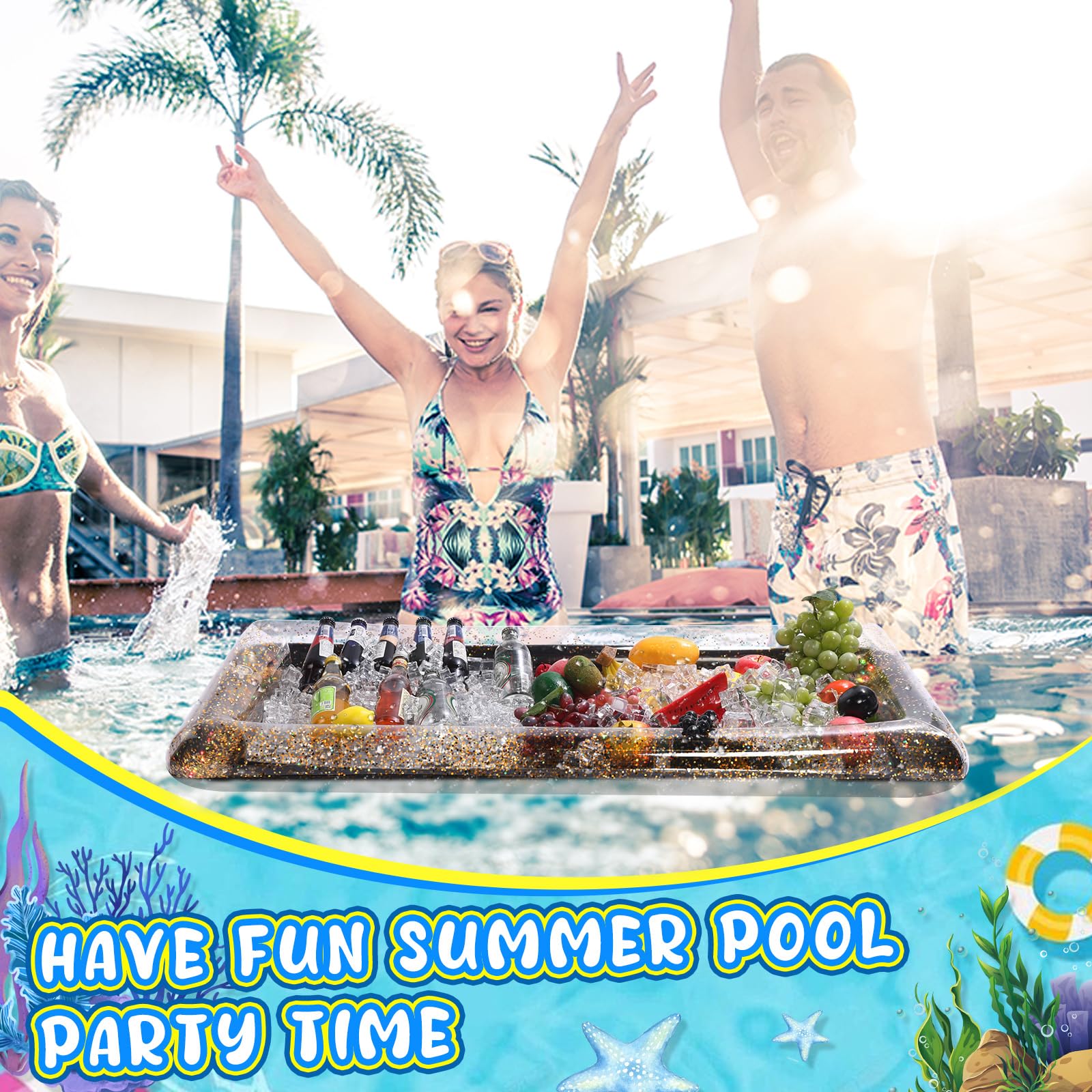 2 Pieces Inflatable Serving Bar Glittering Confetti Food Cooler Buffet with Drain Plug, Inflatable Ice Serving Bar for Food and Drinks for Pool and Outdoor Events(Black)