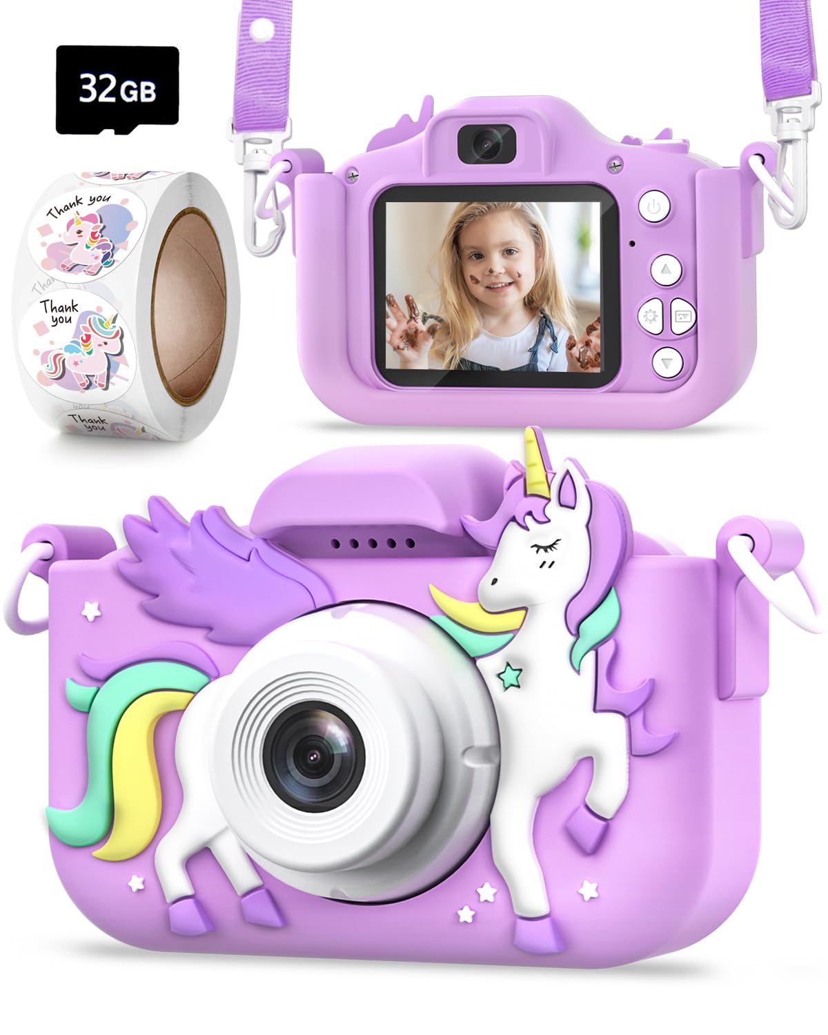 Seckton Kids Camera Toys for Girls Ages 3-8, Children Digital Video Camera with Protective Silicone Cover, Christmas Birthday Gifts for 3 4 5 6 7 8 Year Old Girls with 32GB SD Card