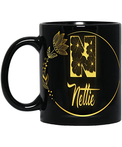 Coffee Mug Personalized Nettie Name & Initial Letter Monogram Floral Alphabet Mug Golden Flowers Custom Black Coffee Cup, Gift for Her Mom Coworker Sister, Wife, Girl 11oz Black Mug 110760