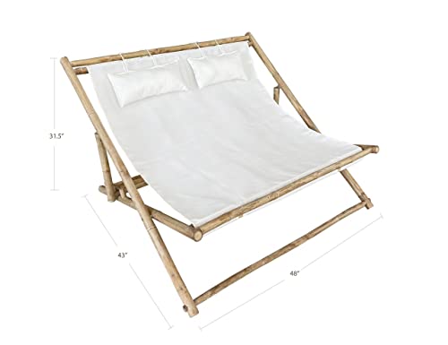 Statra Rattan Bamboo Folding Sling Chairs for 2 People Patio Camping Relax Garden Pool Beach Lounge Outdoor Reclining, Double seat, White