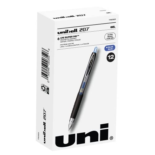 uni-ball 207 Retractable Gel Pens, Ultra Micro Point (0.38mm), Blue, 12 Count