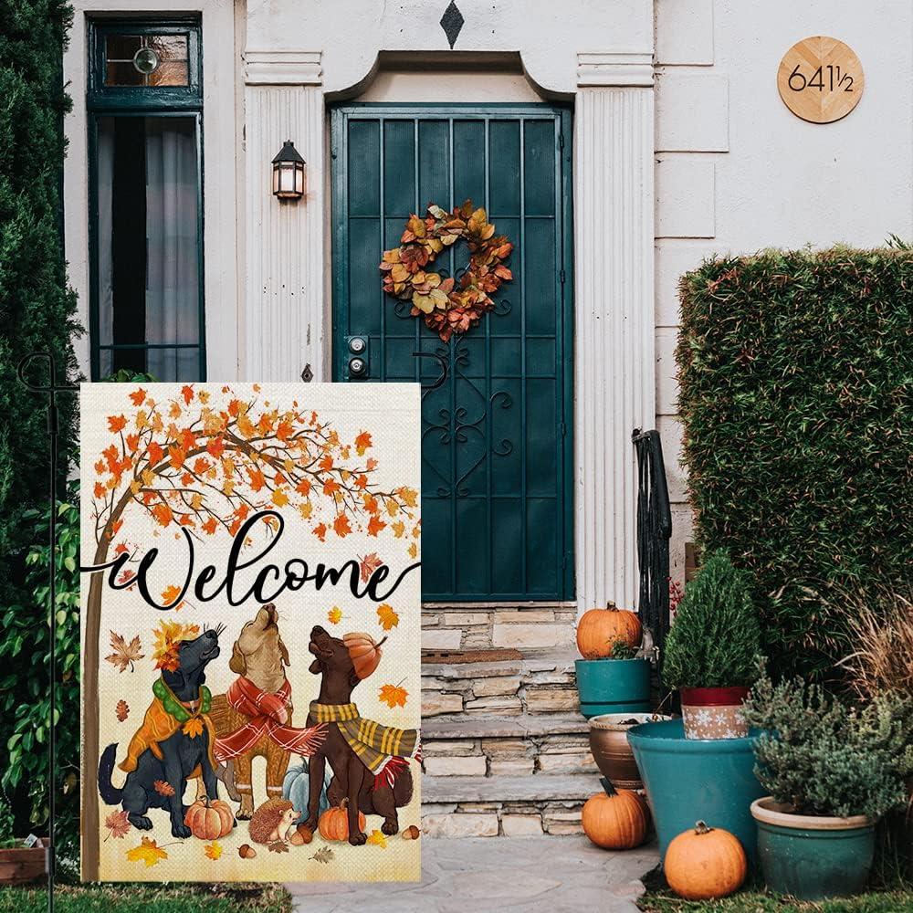 CROWNED BEAUTY Fall Dogs Garden Flag 12x18 Inch Double Sided for Outside Welcome Maple Leaves Small Burlap Seasonal Autumn Yard Decoration