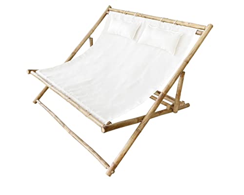Statra Rattan Bamboo Folding Sling Chairs for 2 People Patio Camping Relax Garden Pool Beach Lounge Outdoor Reclining, Double seat, White