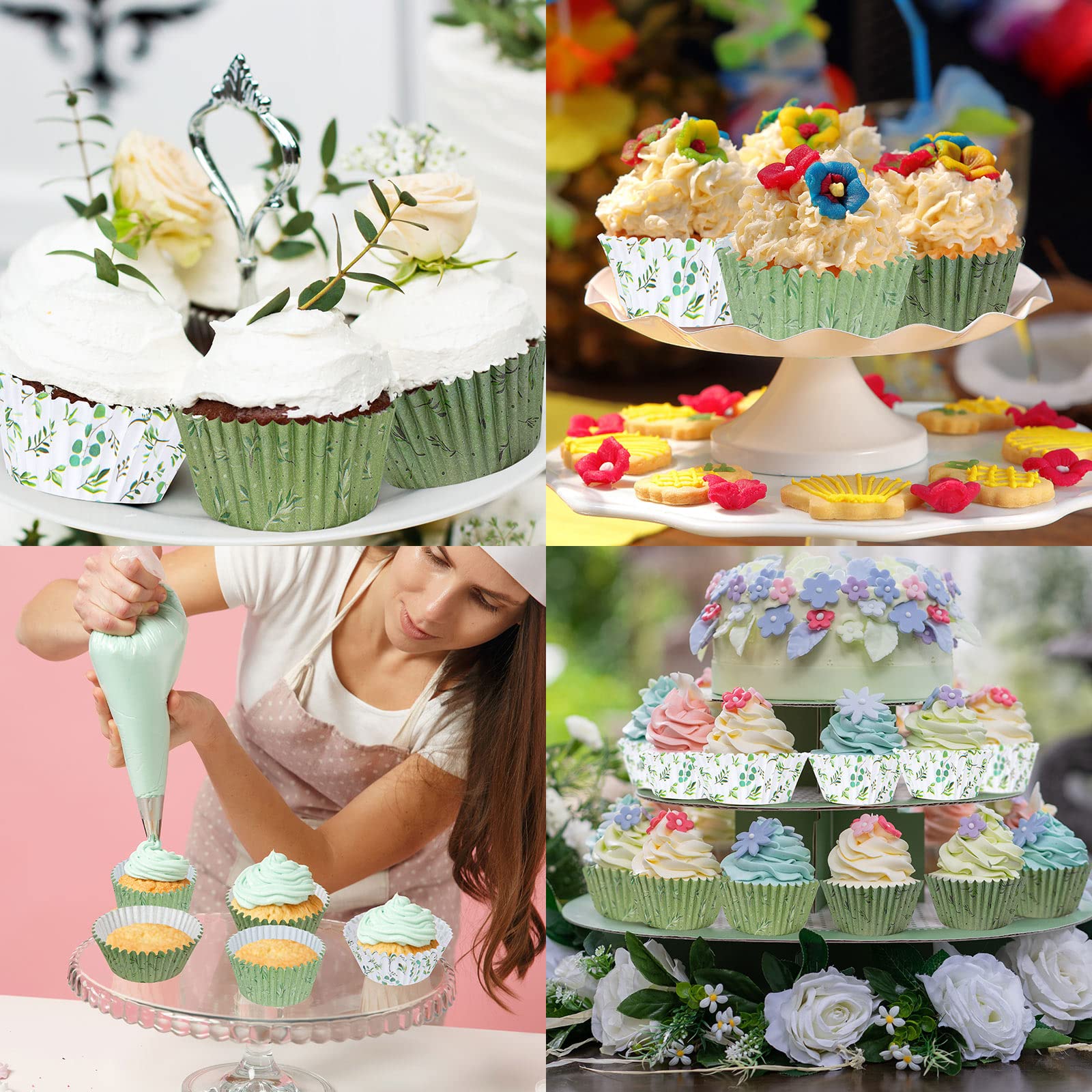 Whaline 600Pcs Greenery Cupcake Liners Eucalyptus Olive Leaf Baking Cups Sage Green Wedding Cupcake Wrappers for Baby Shower Wedding Bridal Showers Birthday Party Decorations