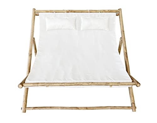Statra Rattan Bamboo Folding Sling Chairs for 2 People Patio Camping Relax Garden Pool Beach Lounge Outdoor Reclining, Double seat, White